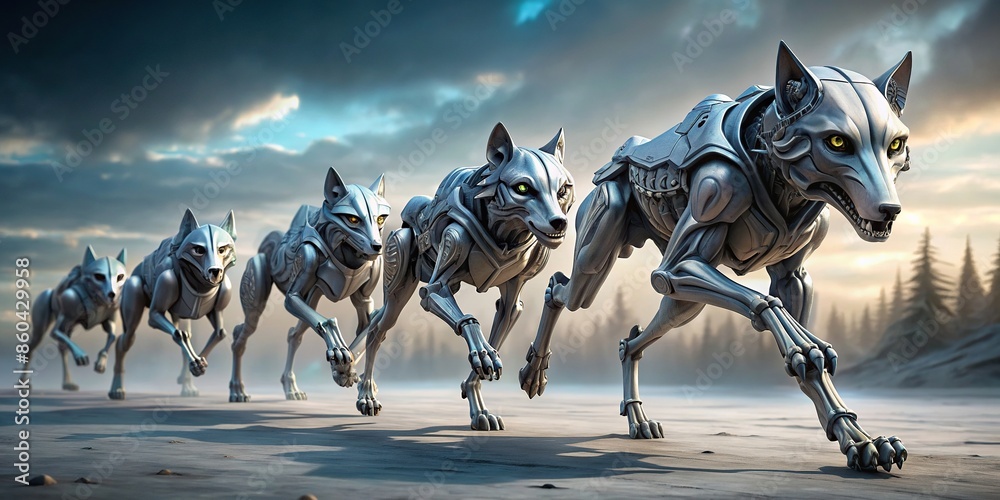 Futuristic group of robotic wolves running together in a pack, mecha ...