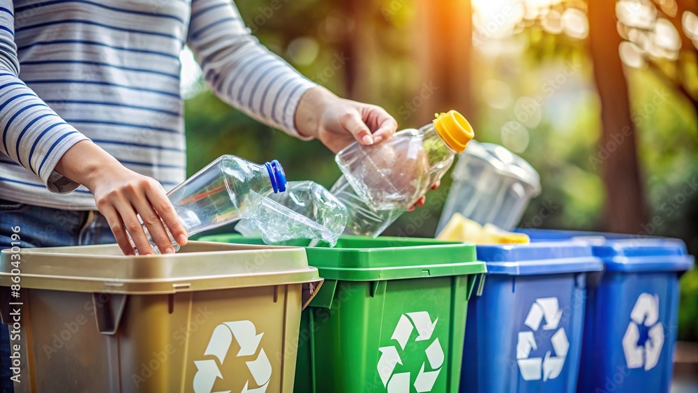 A close-up photo of a person separating recyclable materials into ...
