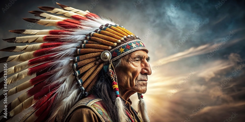 Indian chief with feathered headdress standing proudly , Native ...
