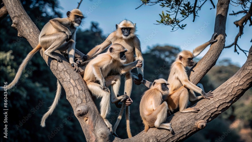 Generative ai. a group of monkeys sitting on tree branches, daytime ...