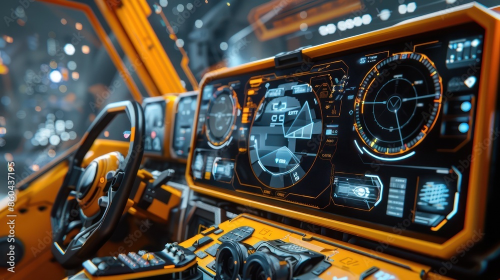 Futuristic spacecraft cockpit with advanced digital displays, orange ...
