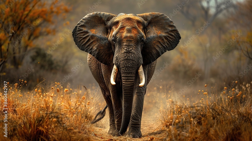 The majestic African elephant stands tall in the golden savannah, a ...