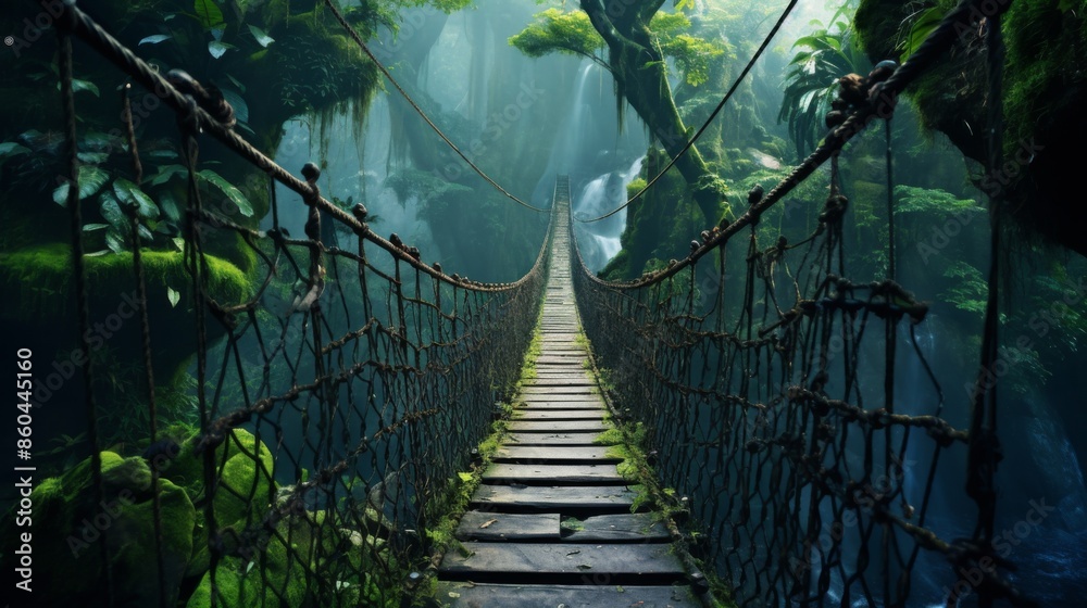 An enchanting view of a rope bridge extending into the lush, green ...