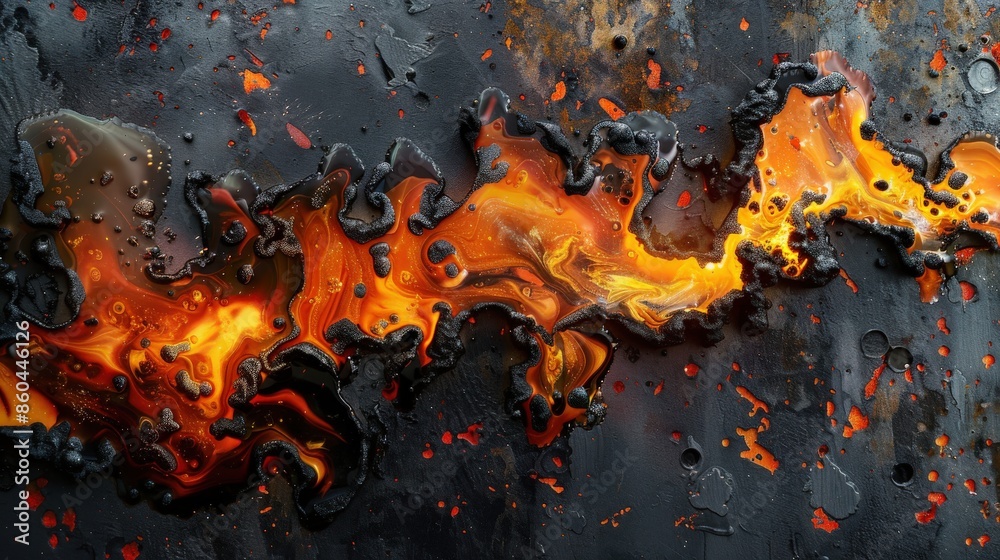 A double exposure effect of oil and fire on a steel surface creating a ...
