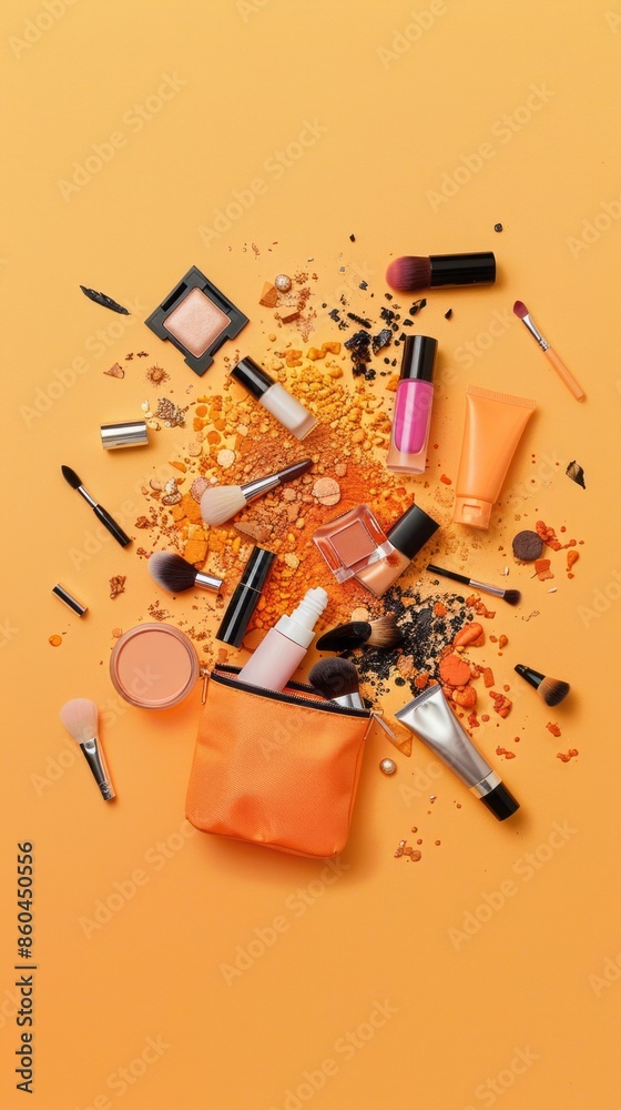 Makeup bag with cosmetic products spilling out on to a pastel orange ...