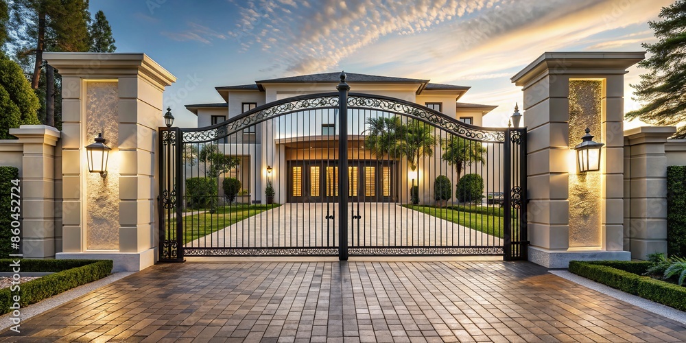 ภาพประกอบสต็อก Luxurious entrance gate of a modern mansion , modern ...