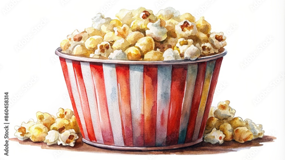 Watercolor clipart of popcorn in a bucket , popcorn, bucket, watercolor ...