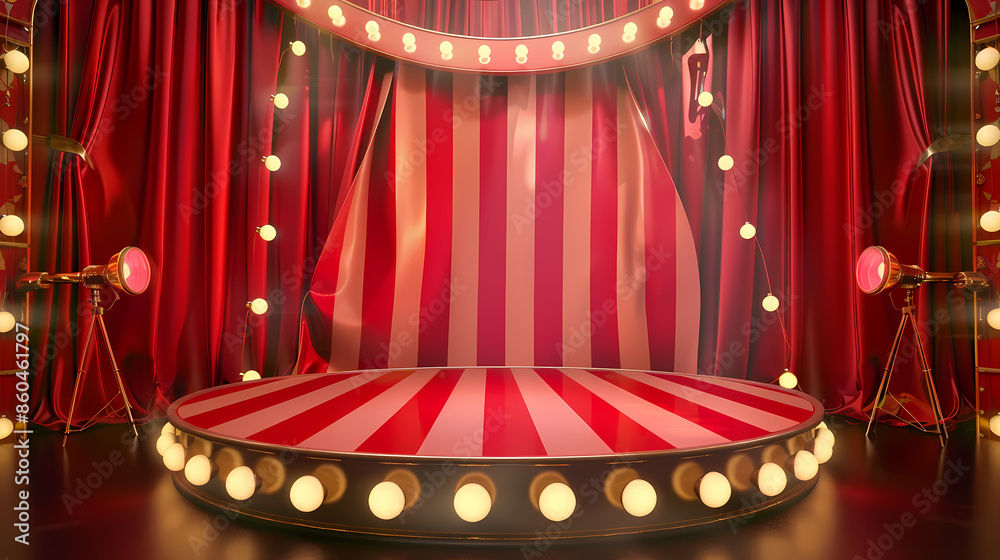 Circus stage podium background 3D carnival light red show curtain ...