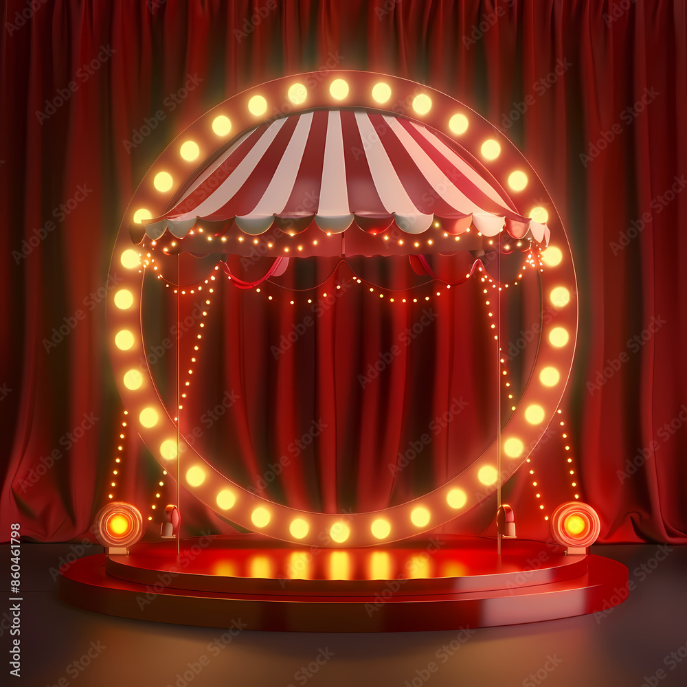 Circus stage podium background 3D carnival light red show curtain ...
