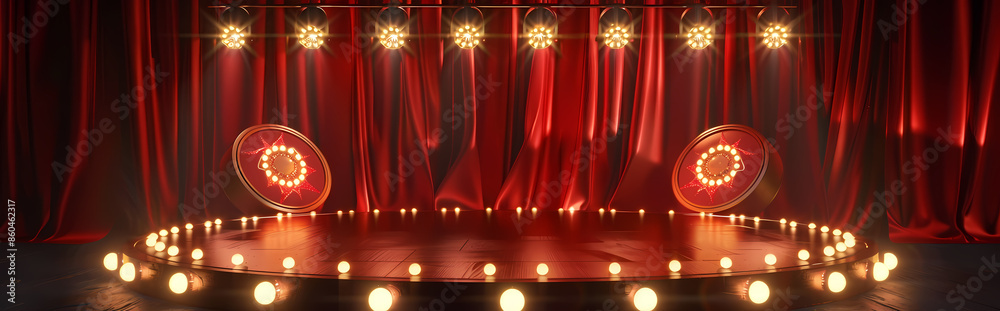 Circus stage podium background 3D carnival light red show curtain ...
