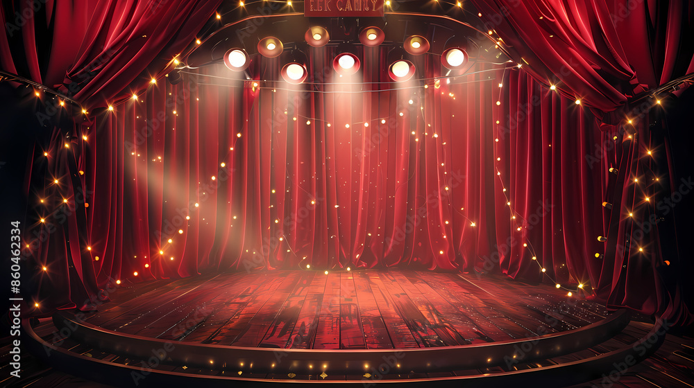 Circus stage podium background 3D carnival light red show curtain ...