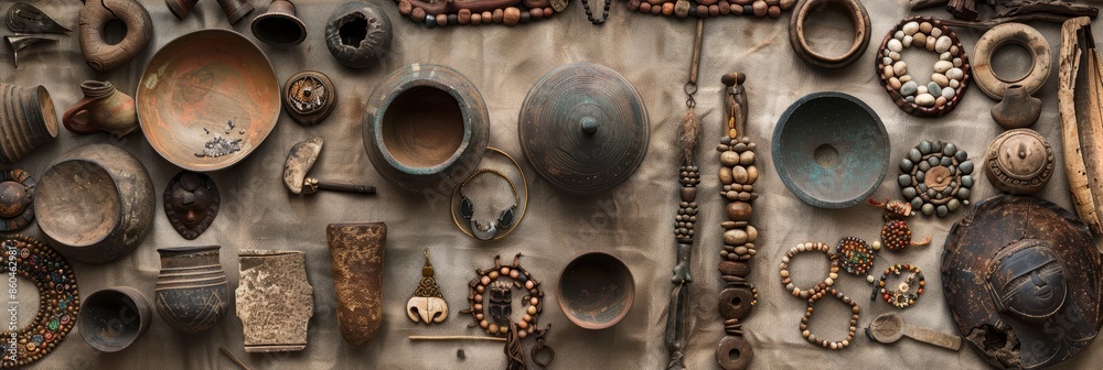 A collection of antique artifacts, including pottery, jewelry, and ...