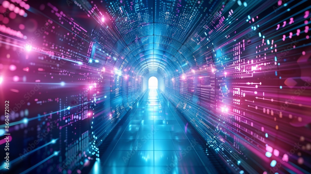 Abstract depiction of a door in a tunnel with digital data center light ...