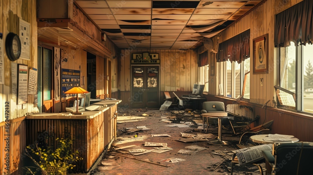 Foto de Abandoned Hotel Lobby with Dust, Debris, and Cobwebs in a Derelict Setting for Urban ...