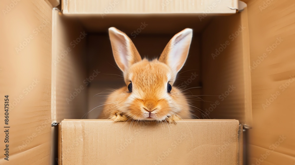 Rabbit stuck inside a cardboard box, trying to get out with a funny ...