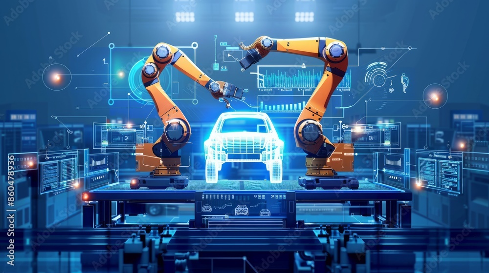 Digitalization concept in the car factory industry with automated robot ...