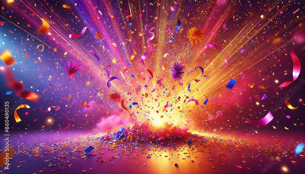 colorful explosion of confetti and lights on a dark background ...