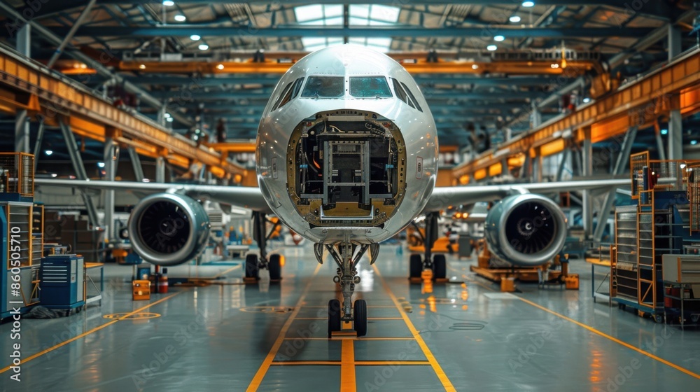 A modern Airbus assembly line with advanced robotics assembling ...