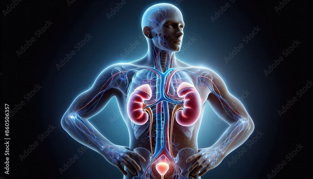 Anatomical illustration of the male human body highlighting internal ...