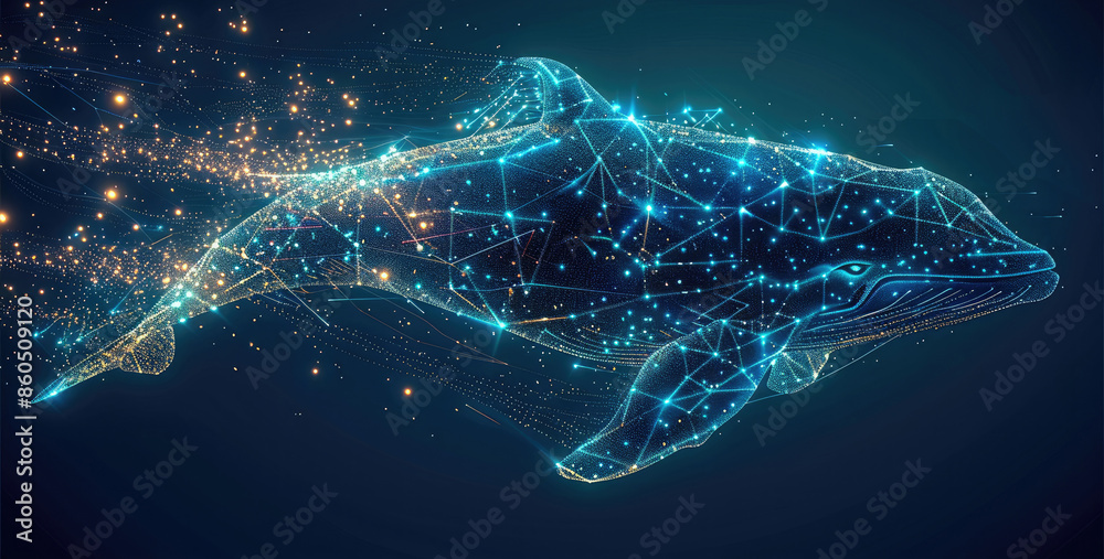 flat 2D illustrate with glowing blue killer whale made of digital ...