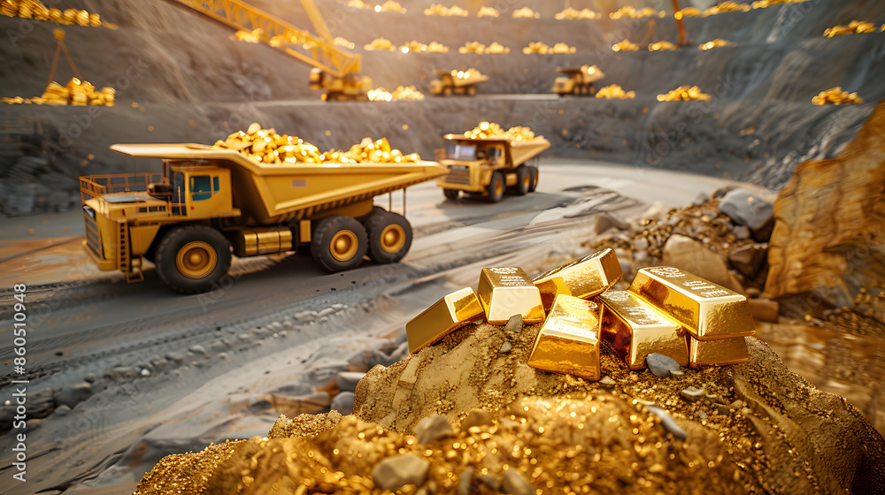 Heavy machinery transporting gold bars in an open pit mining site with ...