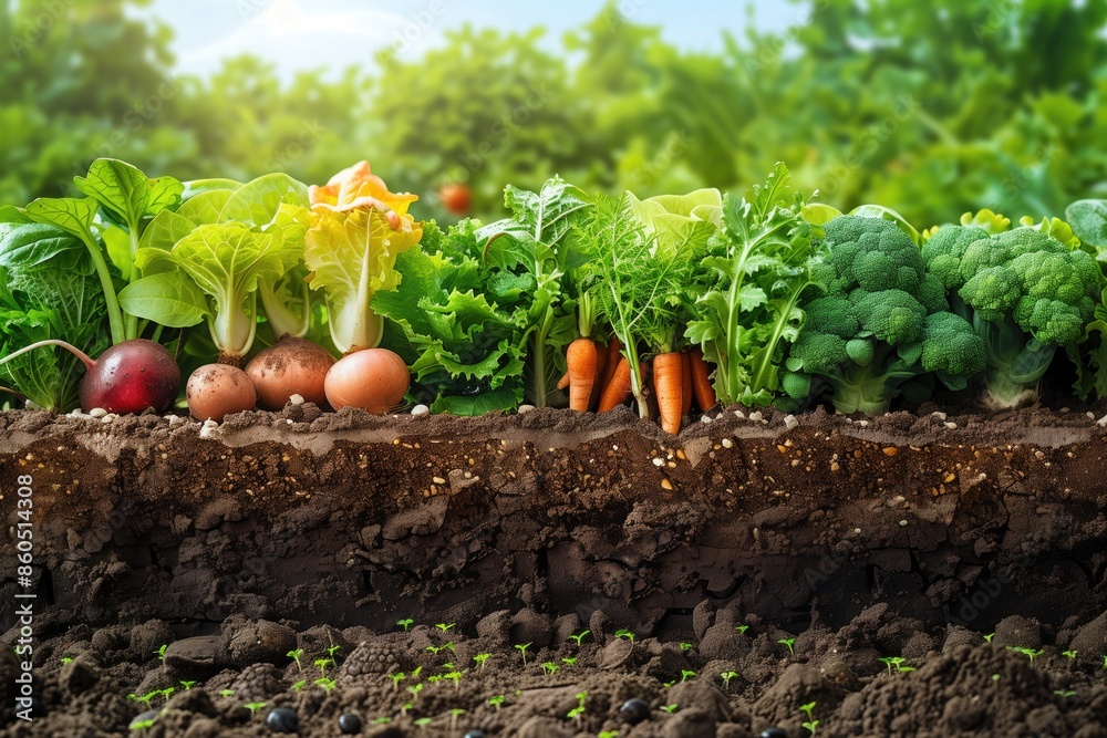 Vegetables in the garden, fruits, cross-section of soil, agriculture ...