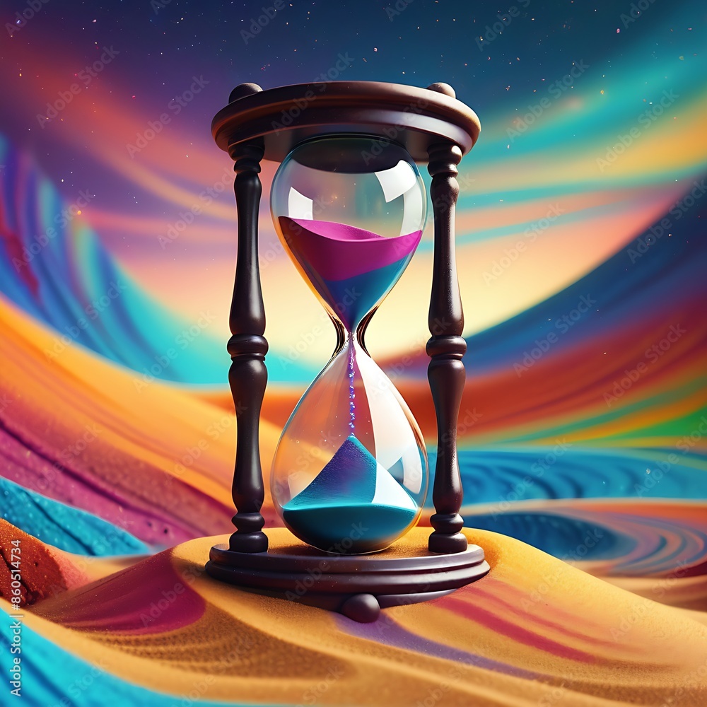 Colorful rainbow sand flowing in a hourglass with colorful background ...