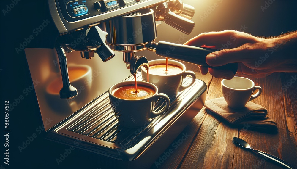 A close-up image of a person making espresso. The coffee is being ...