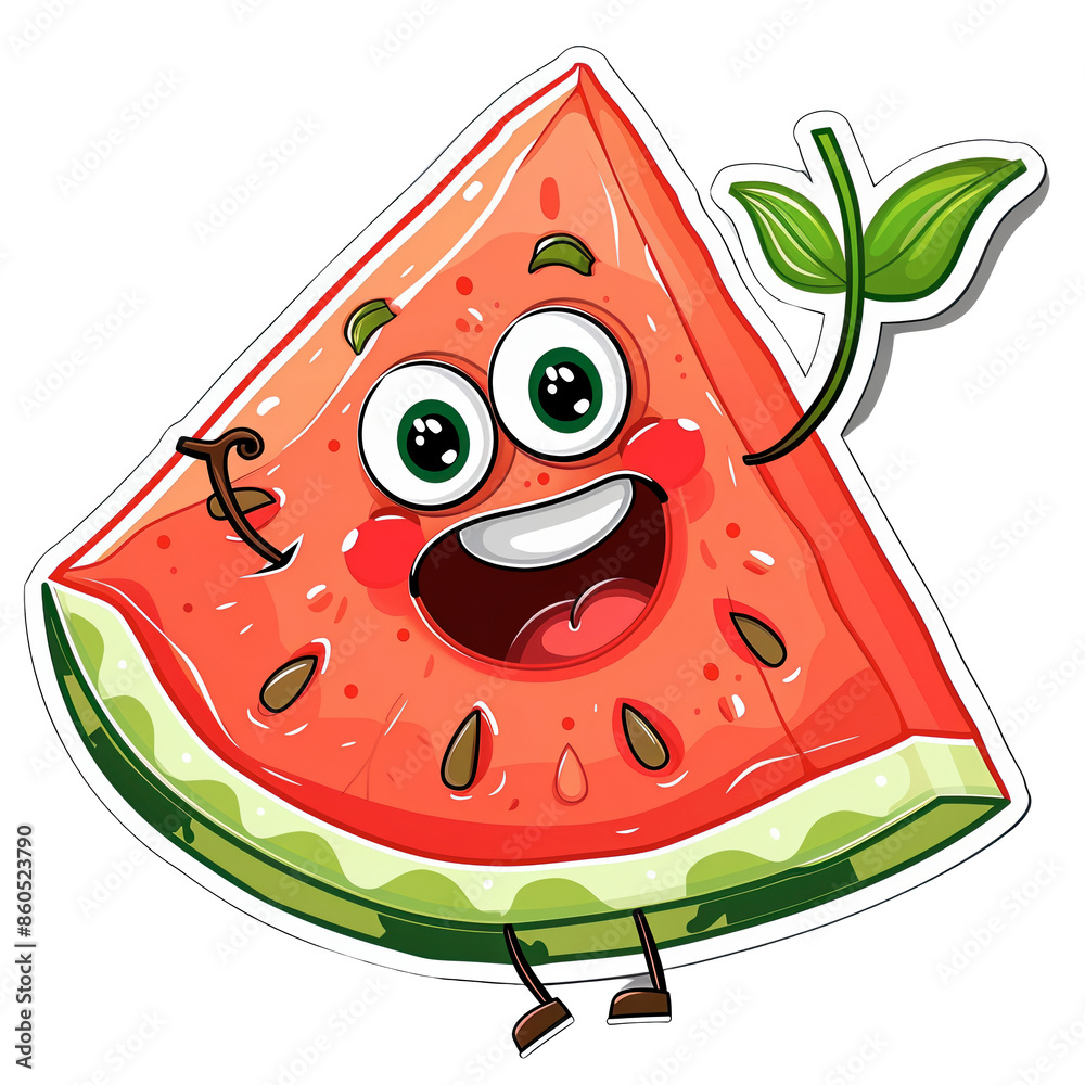 Cute cartoon watermelon slice with big eyes, blush, and a happy ...