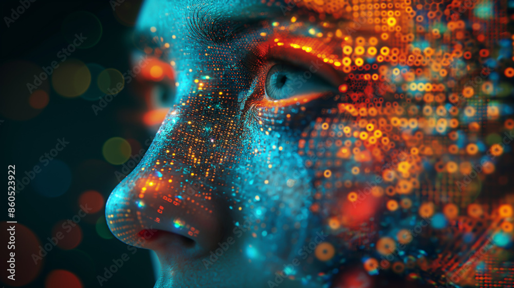 A young woman's face is illuminated with a futuristic digital overlay ...