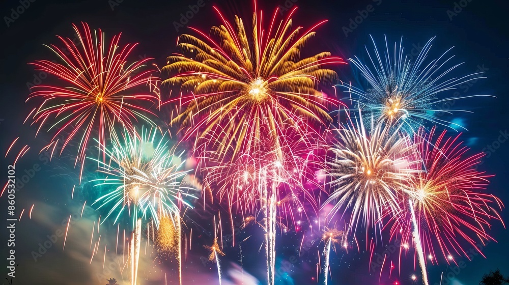 Firework display in the night sky. Bright lights and colors exploding ...