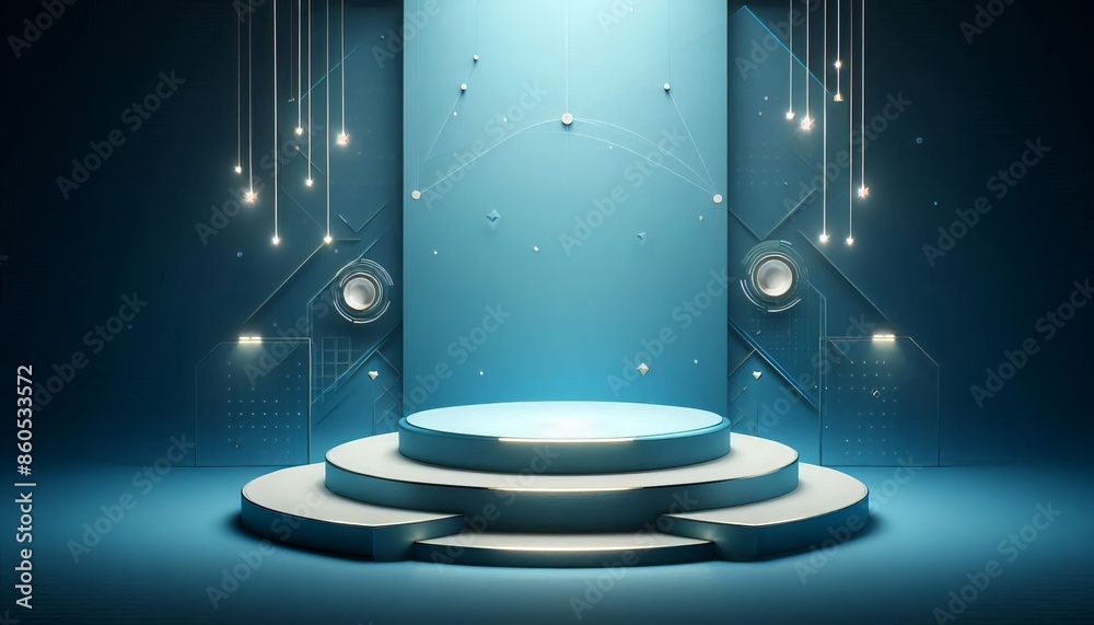 Illuminated Blue Platform Podium with 3D Tech Stage for Product Display ...