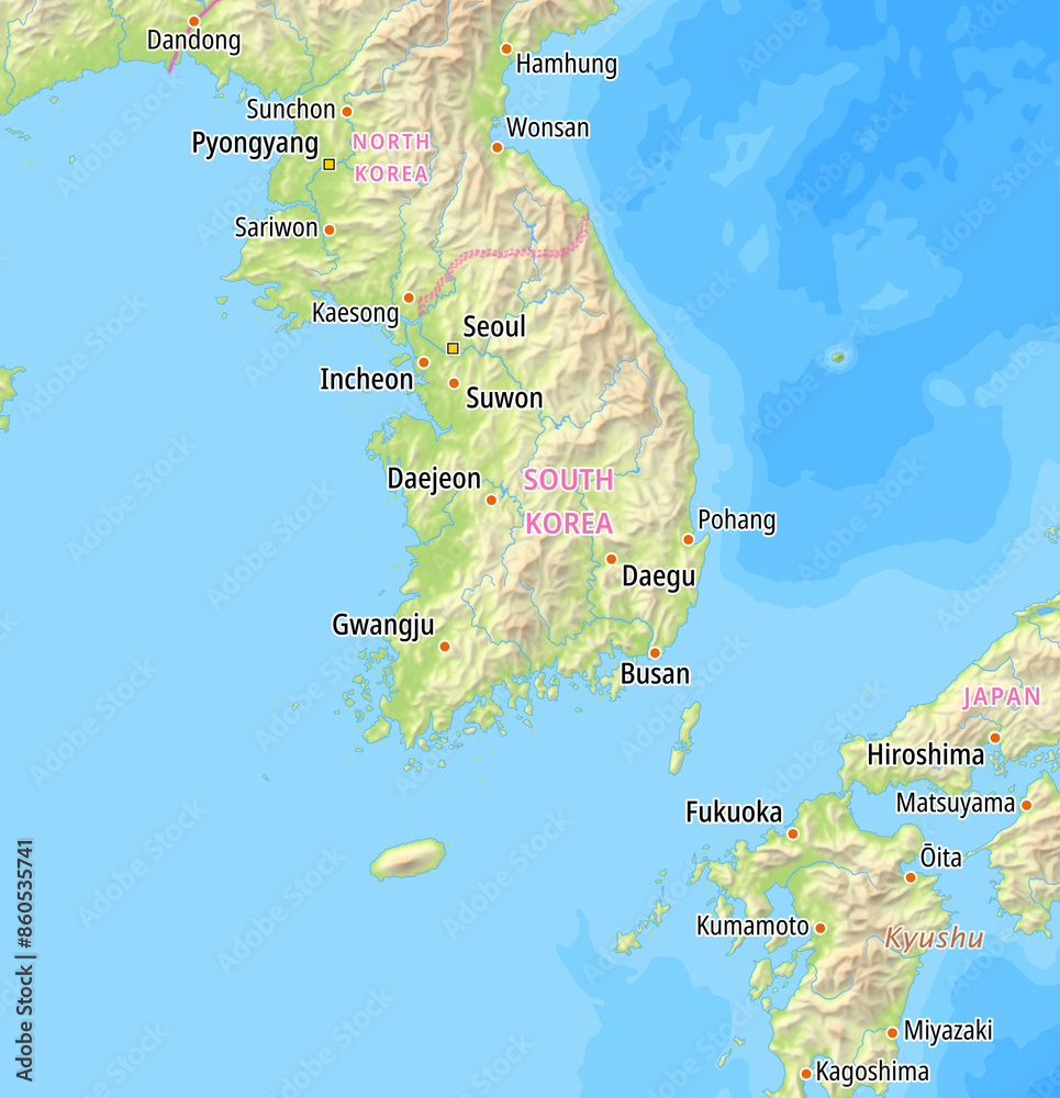 Poster Map of the South Korea and surrounding countries With country ...