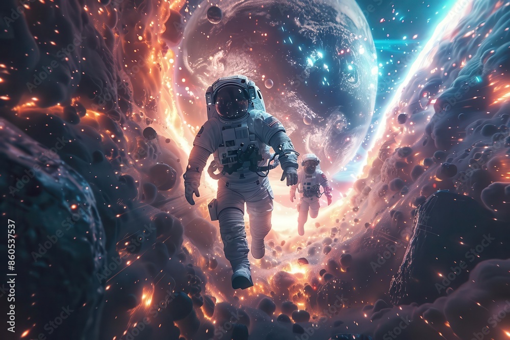 Surrealist space exploration scene, astronauts floating among ethereal ...