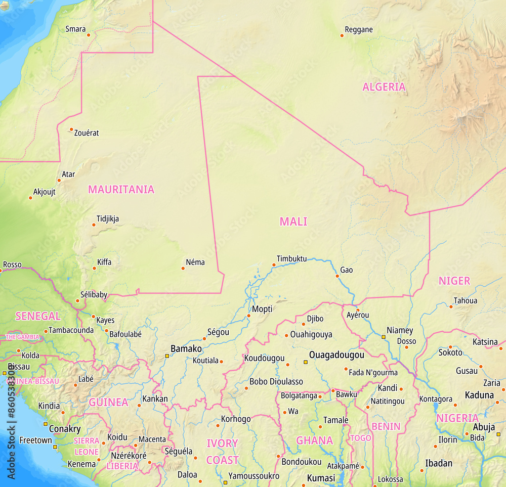 Map of Mali and surrounding countries With country names In English ...