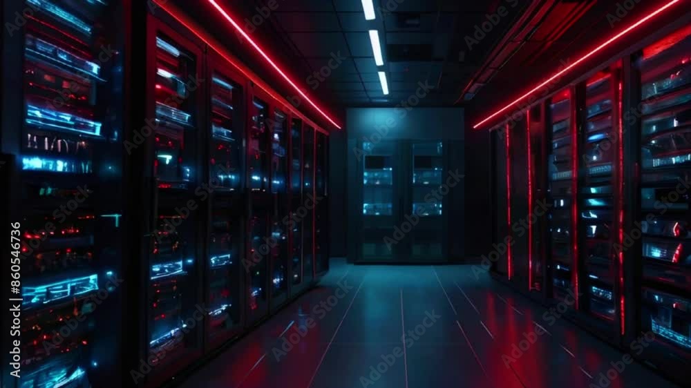 A dark room with red and blue lights. Rows of tall black server racks ...
