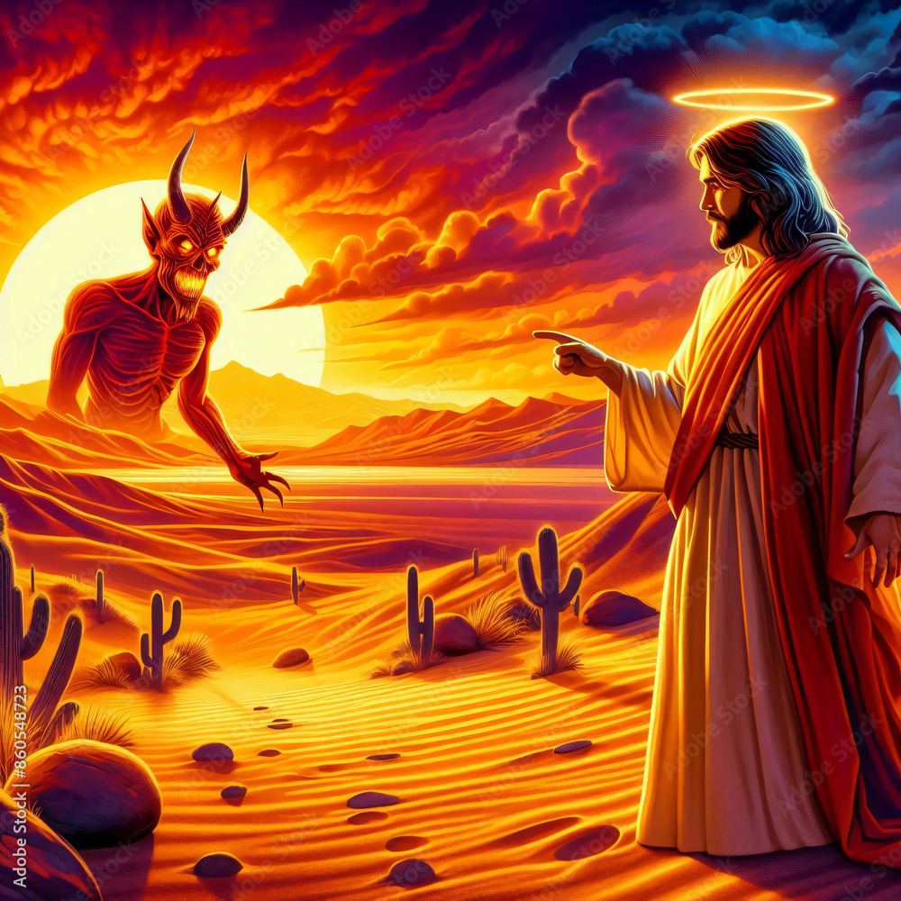 An illustration depicting Jesus Christ in the desert during sunset ...