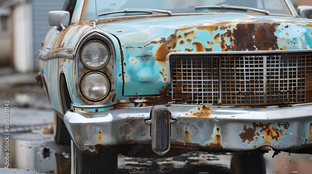 vintage car, possibly from the 1970s or 1980s, with a faded turquoise ...