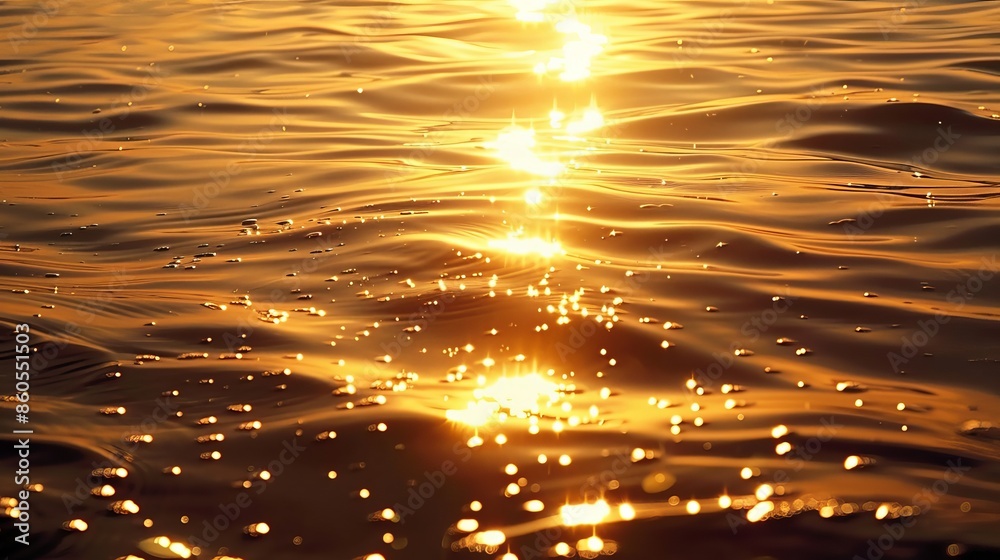 Sunlight shimmered on the calm ocean at sunset, casting golden patches ...