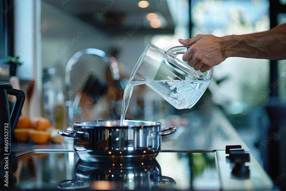 Clear Water Pouring from Filter Pitcher into Cooking Pot in Modern ...