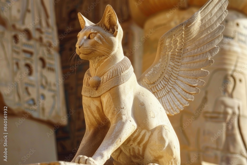 A close-up of a stone statue of a winged cat, a common symbol in ...