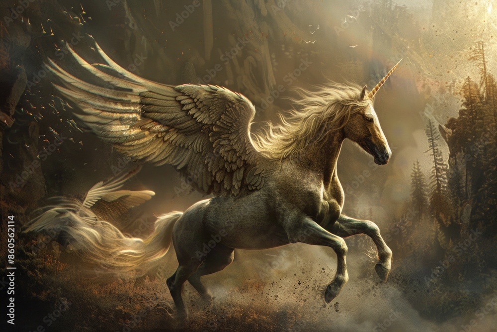 A majestic winged unicorn with a golden coat soars through a mystical forest, its powerful wings ...