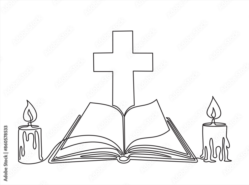 Continuous one line drawing silhouette of Bible and candle. Bible ...