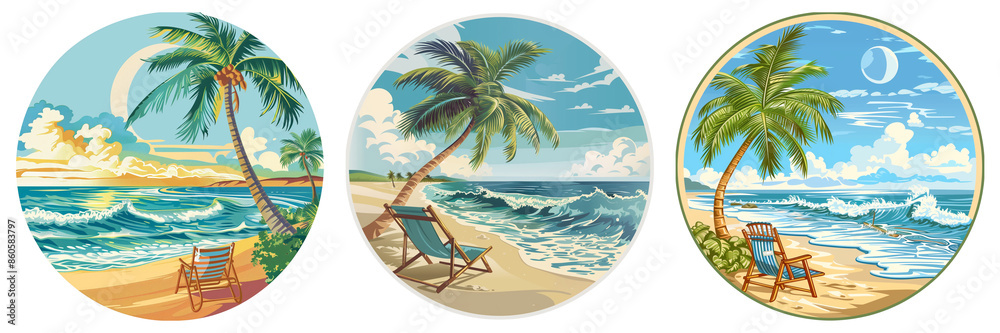 Set of colorful circular vector image of a Florida beach with gentle ...