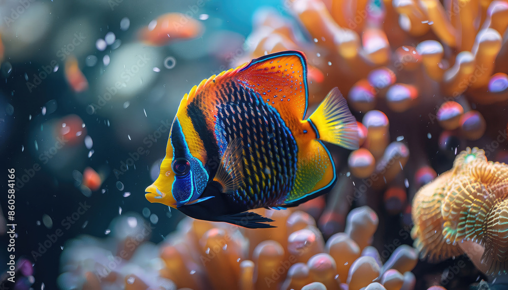 Close-Up of Regal Angelfish in Coral Reef, macro shot, vivid underwater ...