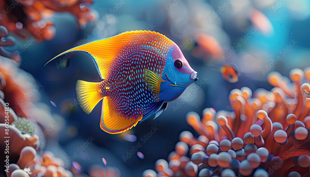 Close-Up of Regal Angelfish in Coral Reef, macro shot, vivid underwater ...