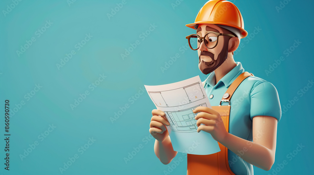 Cartoon engineer designing blueprints drafting tablet Stock ...