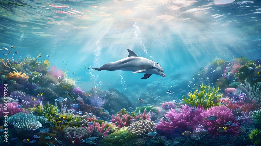 A panoramic underwater shot of a coral reef with a mix of hard and soft ...