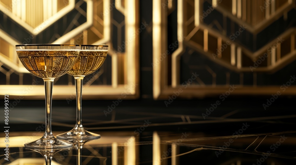 Art Deco Champagne Glasses on Reflective Surface. Two champagne coupe ...