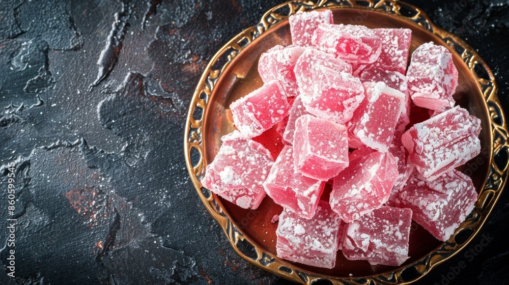 Turkish delights lokum, rose flavour in a copper plate. Dark background ...